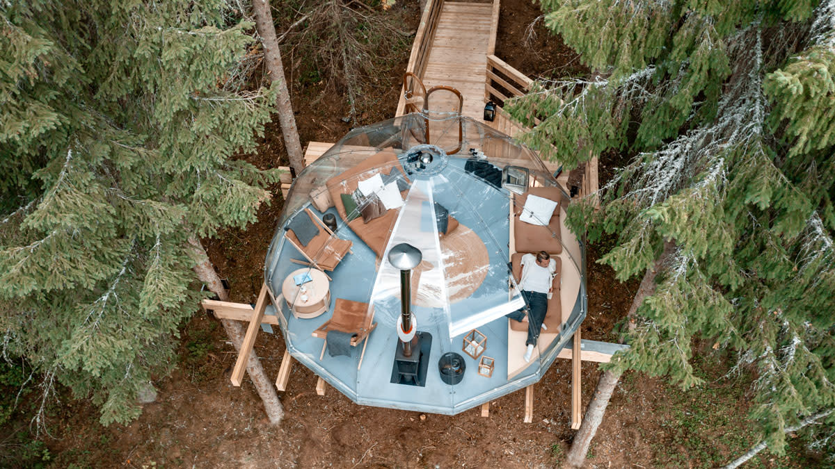 Tree-top igloo by the Lårdalselva River | Glamping | Høydalsmo | Norway