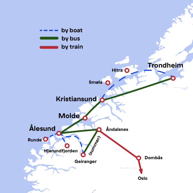 Discover the famous fjords by rail, boat, and bus