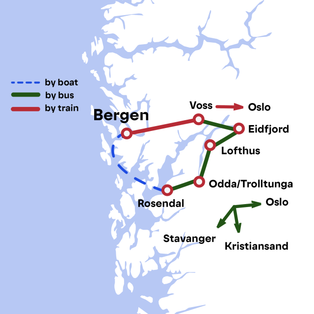 Discover the famous fjords by rail, boat, and bus