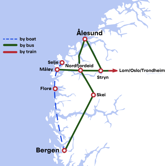 Discover the famous fjords by rail, boat, and bus