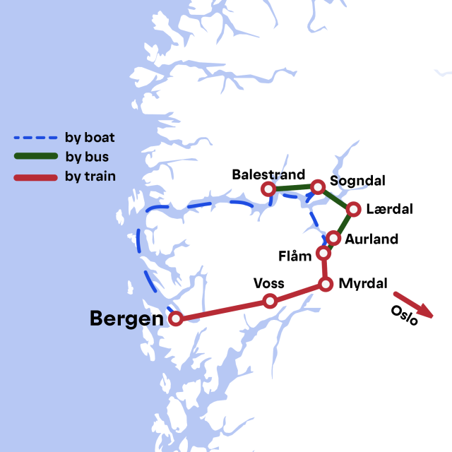 Discover the famous fjords by rail, boat, and bus